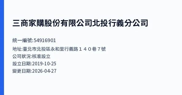 三商家購股份有限公司北投行義分公司的照片-統編 54916901(臺北市) 公司登記資料與營業項目詳細圖表