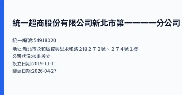 統一超商股份有限公司新北市第一一一一分公司的照片-統編 54918020(新北市) 公司登記資料與營業項目詳細圖表