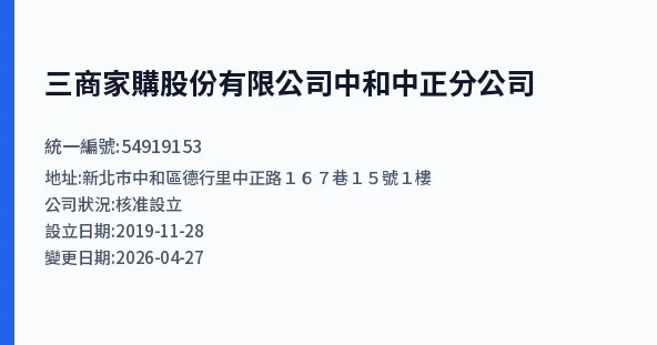 三商家購股份有限公司中和中正分公司的照片-統編 54919153(新北市) 公司登記資料與營業項目詳細圖表