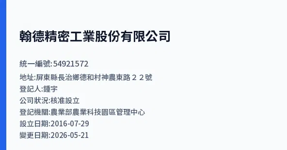 翰德精密工業股份有限公司的照片-統編 54921572(屏東縣) 公司登記資料與營業項目詳細圖表