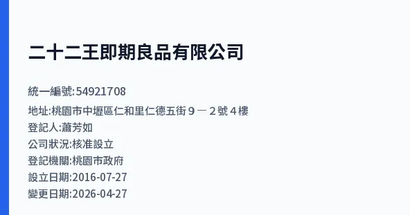 二十二王即期良品有限公司的照片-統編 54921708(桃園市) 公司登記資料與營業項目詳細圖表