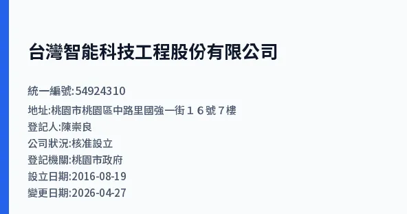 台灣智能科技工程股份有限公司的照片-統編 54924310(桃園市) 公司登記資料與營業項目詳細圖表