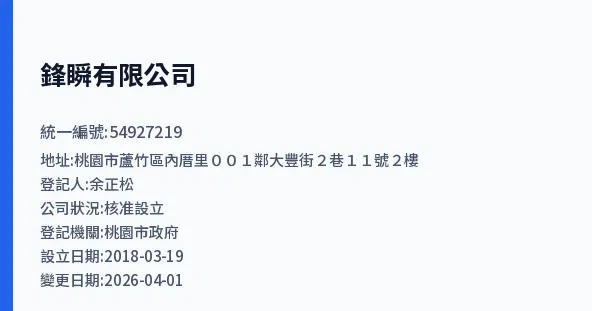 鋒瞬有限公司的照片-統編 54927219(桃園市) 公司登記資料與營業項目詳細圖表