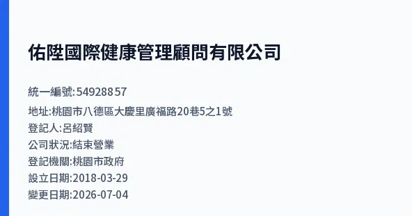 佑陞國際健康管理顧問有限公司的照片-統編 54928857(桃園市) 公司登記資料與營業項目詳細圖表