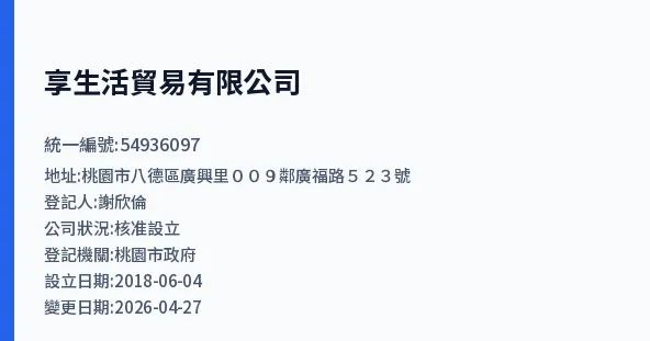 享生活貿易有限公司的照片-統編 54936097(桃園市) 公司登記資料與營業項目詳細圖表