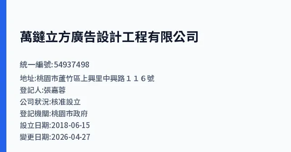 萬鐽立方廣告設計工程有限公司的照片-統編 54937498(桃園市) 公司登記資料與營業項目詳細圖表