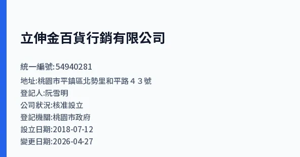 立伸金百貨行銷有限公司的照片-統編 54940281(桃園市) 公司登記資料與營業項目詳細圖表
