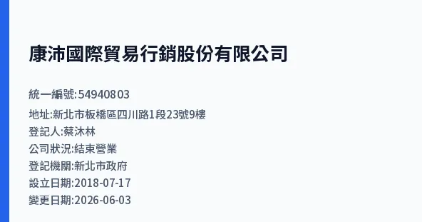 康沛國際貿易行銷股份有限公司的照片-統編 54940803(新北市) 公司登記資料與營業項目詳細圖表