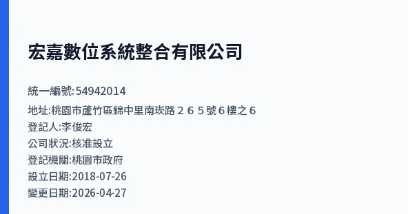 宏嘉數位系統整合有限公司的照片-統編 54942014(桃園市) 公司登記資料與營業項目詳細圖表