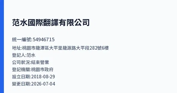 范水國際翻譯有限公司的照片-統編 54946715(桃園市) 公司登記資料與營業項目詳細圖表