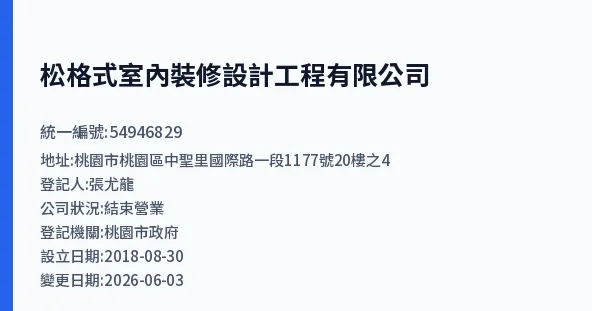 松格式室內裝修設計工程有限公司的照片-統編 54946829(桃園市) 公司登記資料與營業項目詳細圖表