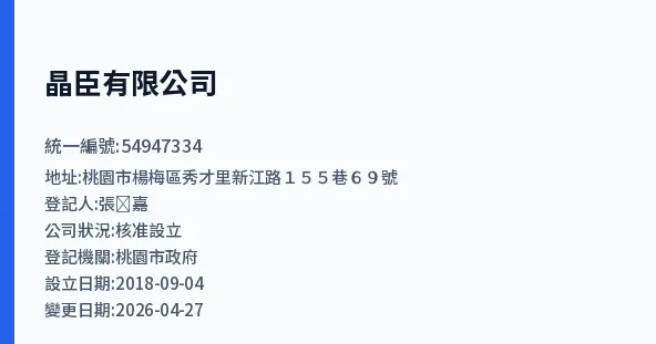 晶臣有限公司的照片-統編 54947334(桃園市) 公司登記資料與營業項目詳細圖表