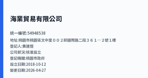 海業貿易有限公司的照片-統編 54948538(桃園市) 公司登記資料與營業項目詳細圖表