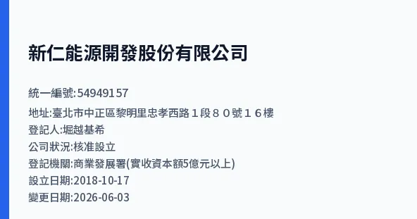 新仁能源開發股份有限公司的照片-統編 54949157(臺北市) 公司登記資料與營業項目詳細圖表