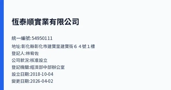 恆泰順實業有限公司的照片-統編 54950111(彰化縣) 公司登記資料與營業項目詳細圖表