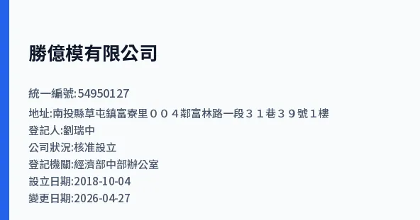 勝億模有限公司的照片-統編 54950127(南投縣) 公司登記資料與營業項目詳細圖表