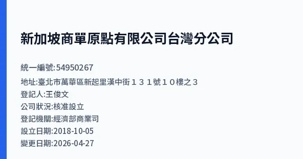 新加坡商單原點有限公司台灣分公司的照片-統編 54950267(臺北市) 公司登記資料與營業項目詳細圖表