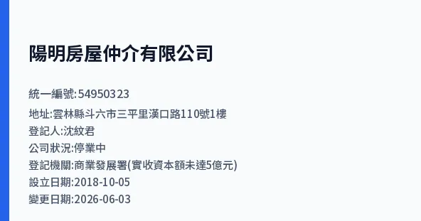 陽明房屋仲介有限公司的照片-統編 54950323(雲林縣) 公司登記資料與營業項目詳細圖表