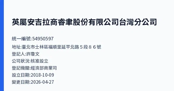 英屬安吉拉商睿聿股份有限公司台灣分公司的照片-統編 54950597(臺北市) 公司登記資料與營業項目詳細圖表