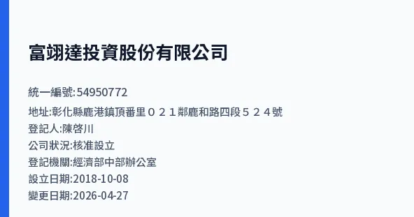 富翊達投資股份有限公司的照片-統編 54950772(彰化縣) 公司登記資料與營業項目詳細圖表