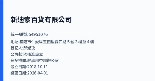 新迪索百貨有限公司的照片-統編 54951076(基隆市) 公司登記資料與營業項目詳細圖表