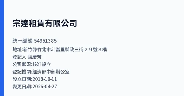 宗達租賃有限公司的照片-統編 54951385(新竹縣) 公司登記資料與營業項目詳細圖表