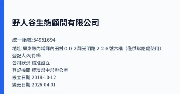 野人谷生態顧問有限公司的照片-統編 54951694(屏東縣) 公司登記資料與營業項目詳細圖表
