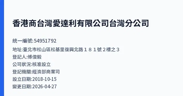 香港商台灣愛達利有限公司台灣分公司的照片-統編 54951792(臺北市) 公司登記資料與營業項目詳細圖表