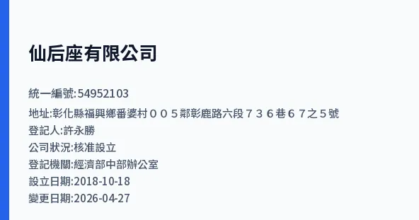 仙后座有限公司的照片-統編 54952103(彰化縣) 公司登記資料與營業項目詳細圖表