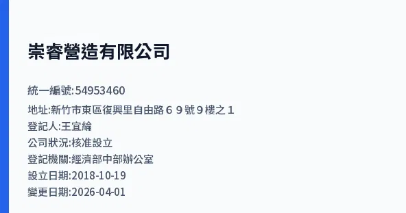 崇睿營造有限公司的照片-統編 54953460(新竹市) 公司登記資料與營業項目詳細圖表