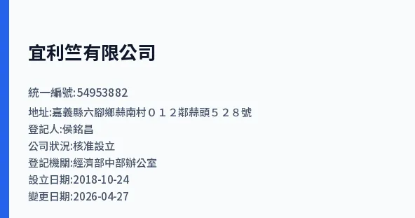 宜利竺有限公司的照片-統編 54953882(嘉義縣) 公司登記資料與營業項目詳細圖表