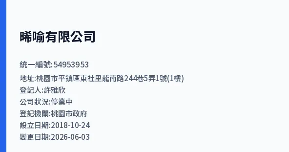晞喻有限公司的照片-統編 54953953(桃園市) 公司登記資料與營業項目詳細圖表