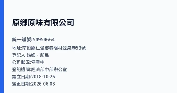 原鄉原味有限公司的照片-統編 54954664(南投縣) 公司登記資料與營業項目詳細圖表