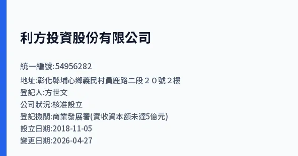 利方投資股份有限公司的照片-統編 54956282(彰化縣) 公司登記資料與營業項目詳細圖表