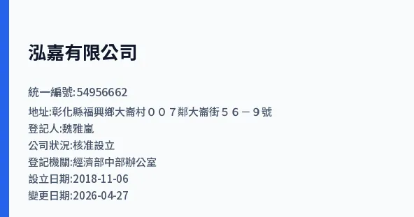 泓嘉有限公司的照片-統編 54956662(彰化縣) 公司登記資料與營業項目詳細圖表