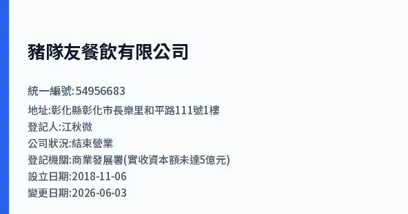 豬隊友餐飲有限公司的照片-統編 54956683(彰化縣) 公司登記資料與營業項目詳細圖表