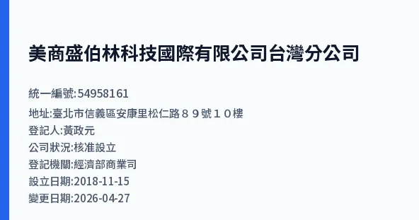 美商盛伯林科技國際有限公司台灣分公司的照片-統編 54958161(臺北市) 公司登記資料與營業項目詳細圖表