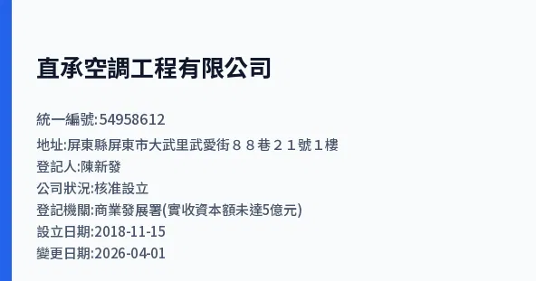 直承空調工程有限公司的照片-統編 54958612(屏東縣) 公司登記資料與營業項目詳細圖表