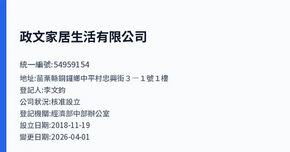政文家居生活有限公司的照片-統編 54959154(苗栗縣) 公司登記資料與營業項目詳細圖表