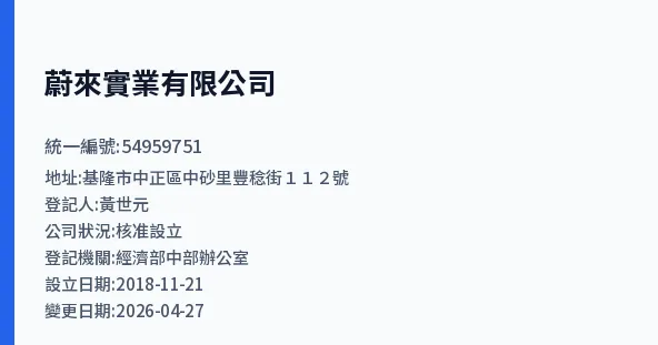 蔚來實業有限公司的照片-統編 54959751(基隆市) 公司登記資料與營業項目詳細圖表
