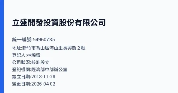 立盛開發投資股份有限公司的照片-統編 54960785(新竹市) 公司登記資料與營業項目詳細圖表