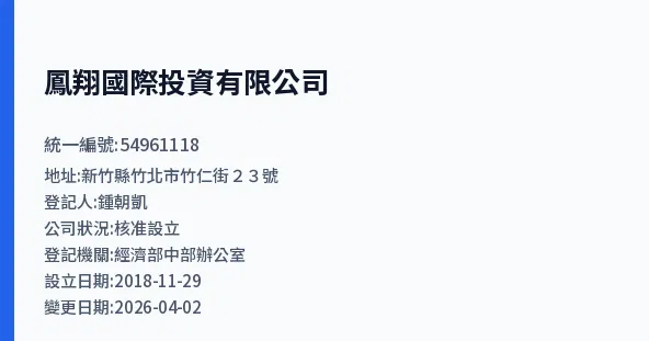 鳳翔國際投資有限公司的照片-統編 54961118(新竹縣) 公司登記資料與營業項目詳細圖表