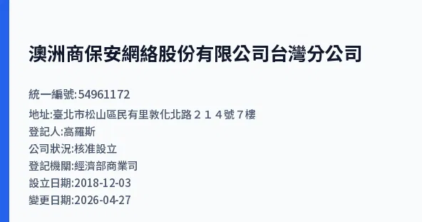 澳洲商保安網絡股份有限公司台灣分公司的照片-統編 54961172(臺北市) 公司登記資料與營業項目詳細圖表