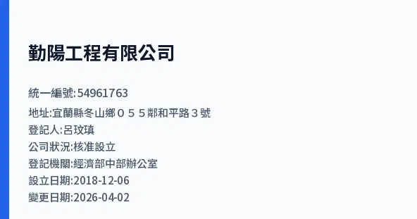 勤陽工程有限公司的照片-統編 54961763(宜蘭縣) 公司登記資料與營業項目詳細圖表