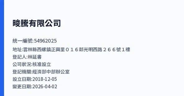 畯騰有限公司的照片-統編 54962025(雲林縣) 公司登記資料與營業項目詳細圖表