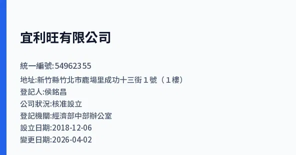 宜利旺有限公司的照片-統編 54962355(新竹縣) 公司登記資料與營業項目詳細圖表