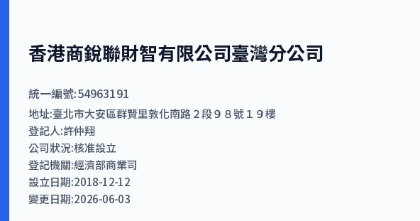 香港商銳聯財智有限公司臺灣分公司的照片-統編 54963191(臺北市) 公司登記資料與營業項目詳細圖表