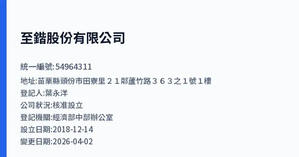 至鍇股份有限公司的照片-統編 54964311(苗栗縣) 公司登記資料與營業項目詳細圖表