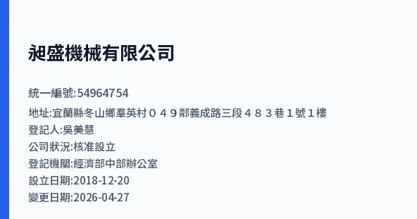 昶盛機械有限公司的照片-統編 54964754(宜蘭縣) 公司登記資料與營業項目詳細圖表
