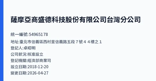 薩摩亞商盛德科技股份有限公司台灣分公司的照片-統編 54965178(臺北市) 公司登記資料與營業項目詳細圖表